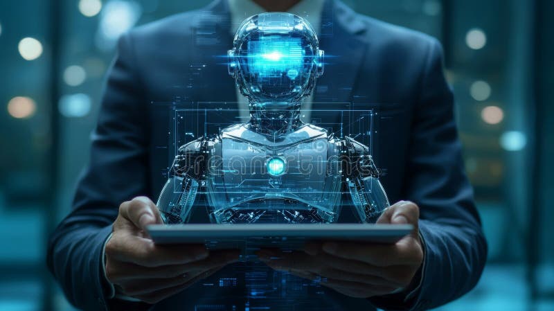 A Businessman Showcases a Luminous Humanoid Robot in a Futuristic Urban ...