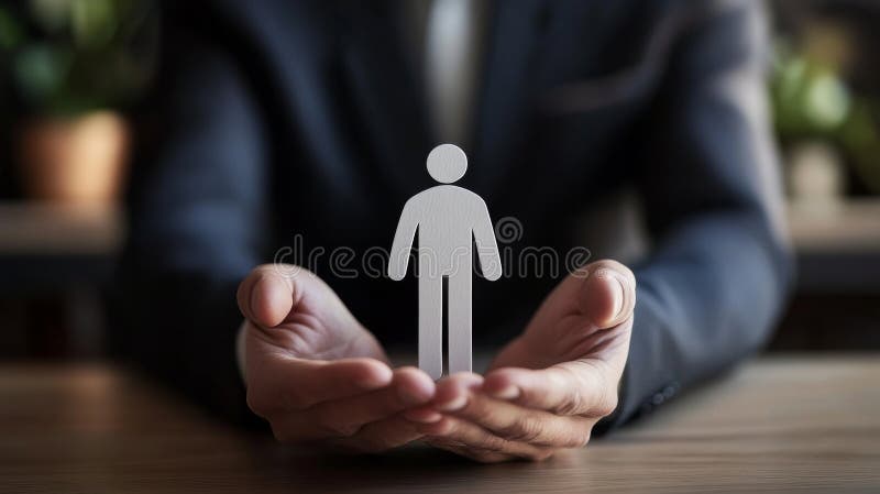 A Professional Man in a Suit Displays a Small Figure between His Hands ...
