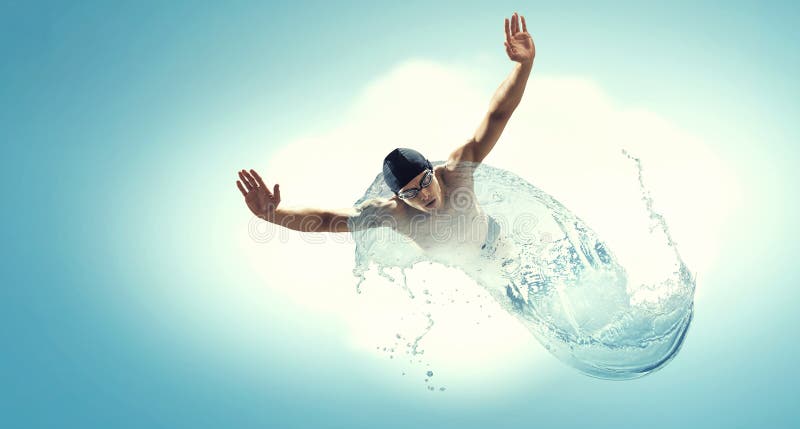 Professional Man Swimmer on a Wave Stock Photo - Image of playing, blue ...