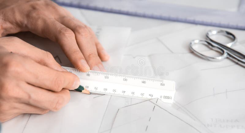 Tailor Drawing Sewing Pattern Close Up. Stock Photo - Image of ...