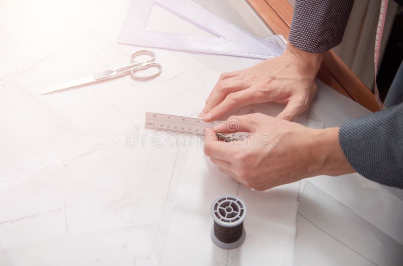 Tailor Drawing Sewing Pattern Close Up. Stock Image - Image of tailor ...