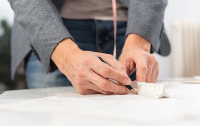 Tailor Drawing Sewing Pattern Close Up. Stock Image - Image of hobby ...