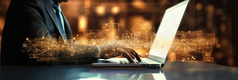 Professional Man Typing on Computer. Flow Data Materialized in 3d ...