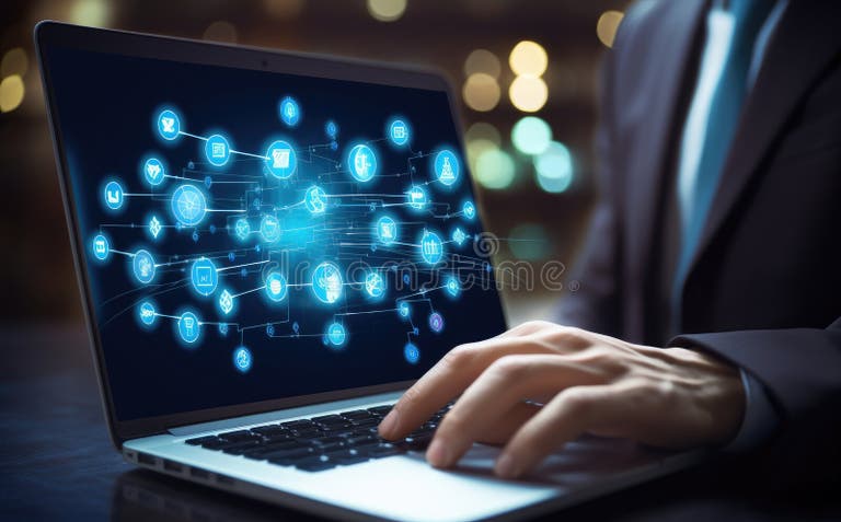 Professional Man Typing on Computer. Flow Data Materialized in 3d ...