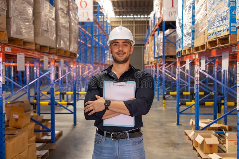 Professional Man Worker Wearing Hard Hat Checks Stock and Inventory ...