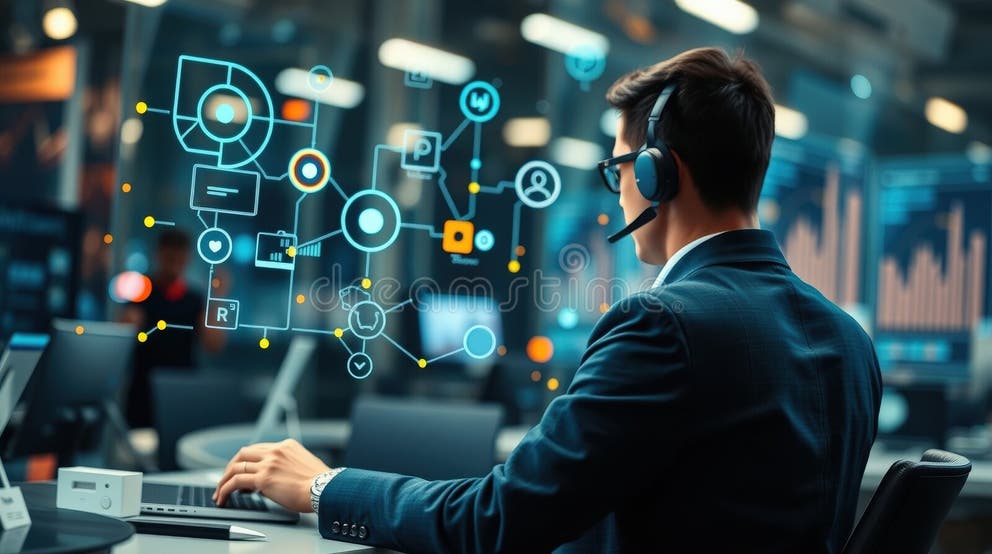 Professional Man Working at a Computer with Headset and Virtual ...