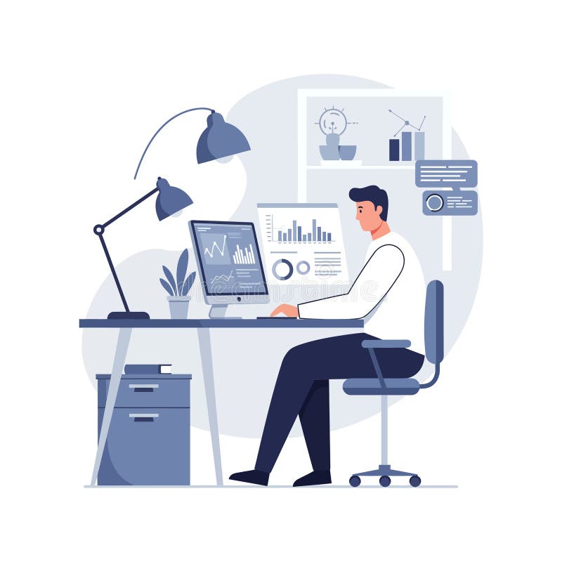 Professional Man Working at a Desk with Computer and Charts in a Flat ...