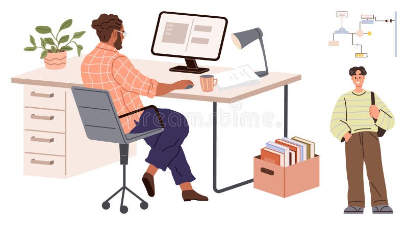 Professional Man Working at Desk with Computer, Student Carrying Books ...