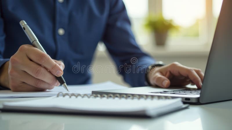 Professional Man Writing Notes while Using Laptop in Bright Office ...