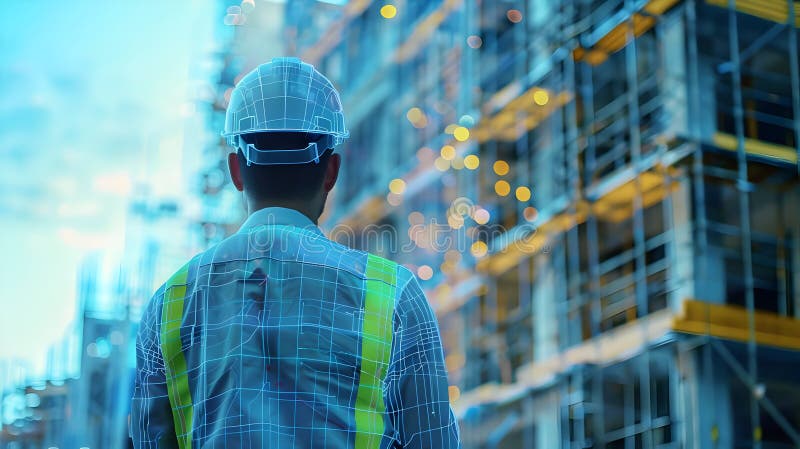 Professional Manager Engineer , Back View Civil with Wireframe Hologram ...