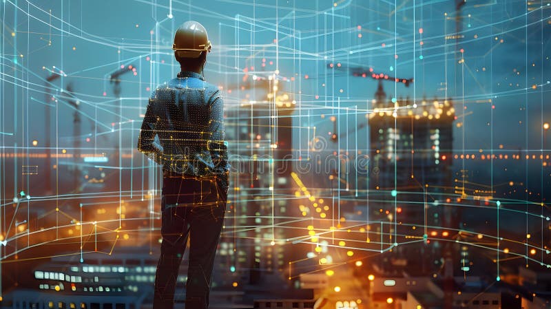 Professional Manager Engineer , Back View Civil with Wireframe Hologram ...