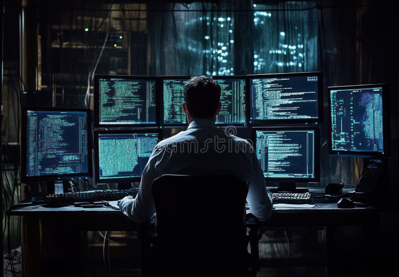 It Professional Managing Code and Software on Multiple Screens in Office Setting Reflecting Data ...