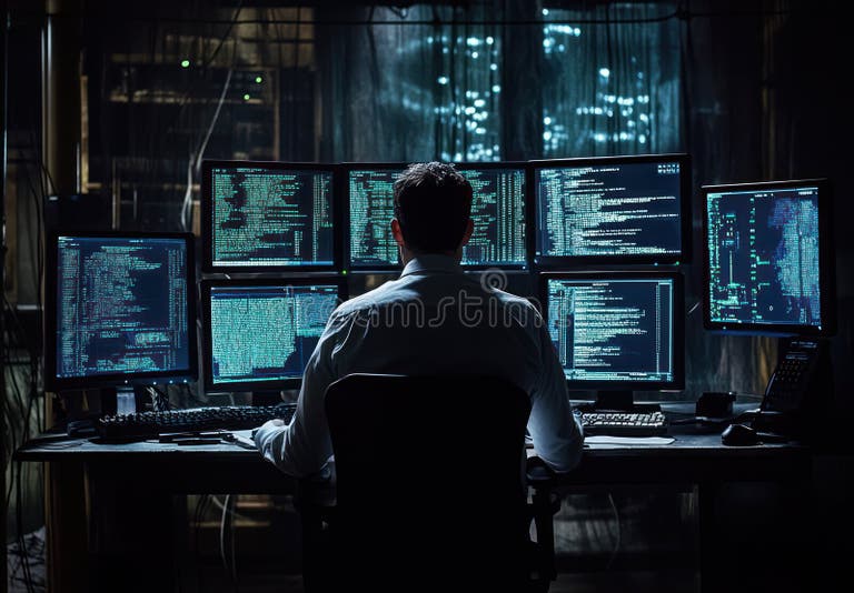 It Professional Managing Code and Software on Multiple Screens in Office Setting Reflecting Data ...