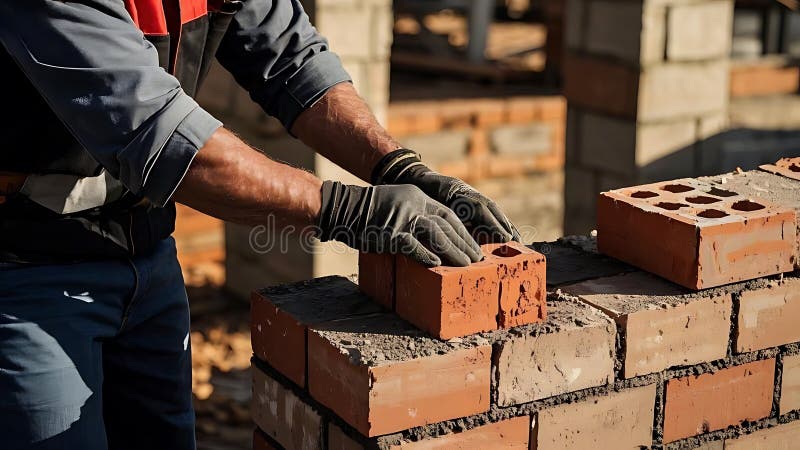 Skilled Mason Laying Bricks for a Building Structure Site Progress ...