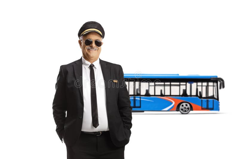 Professional Mature Chauffeur Posing in Front of a City Bus Stock Image ...