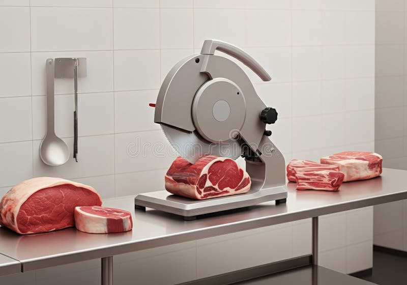 Meat Slicer with Various Cuts of Beef on a Stainless Steel Countertop ...