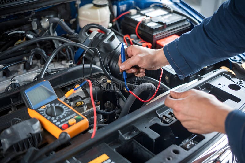Professional Mechanic Testing Car Battery Voltage Electrical System ...