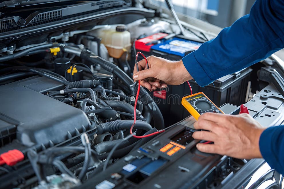 Professional Mechanic Testing Car Engine Electrical System Diagnostics ...