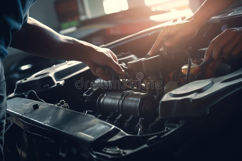Professional Mechanic Working on the Engine of the Car in the Garage ...