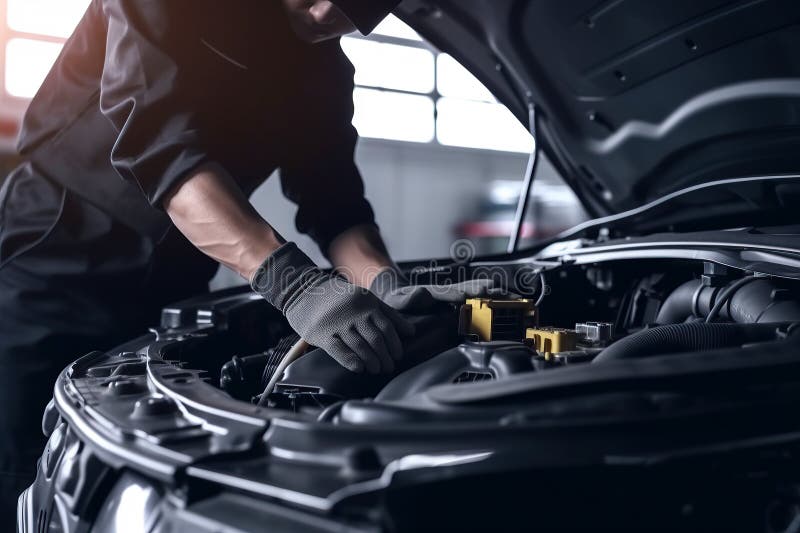 Professional Mechanic Working on the Engine of the Car in the Garage ...