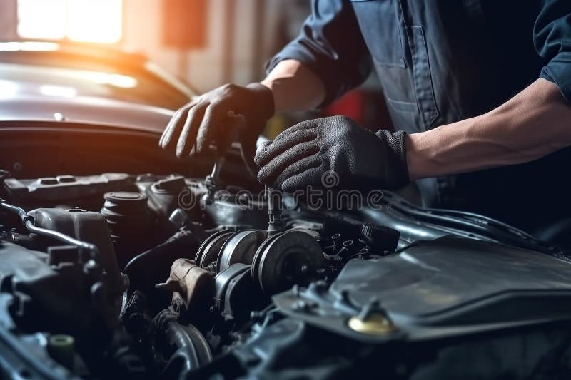Professional Mechanic Working on the Engine of the Car in the Garage ...