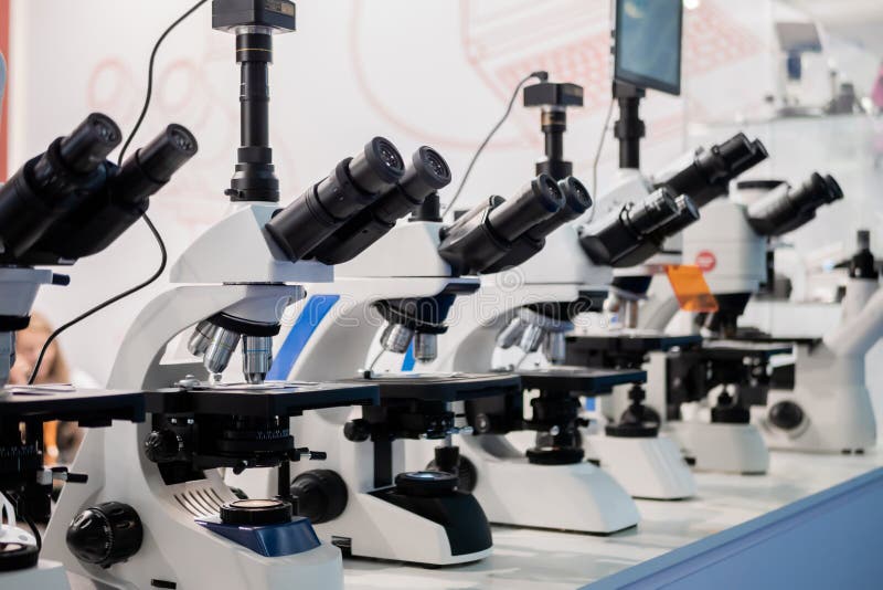 Professional Microscopes at Technology Exhibition, Trade Show Stock ...
