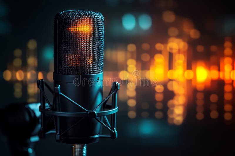 Professional Microphone Illuminated by Neon Lights with Soundwave ...