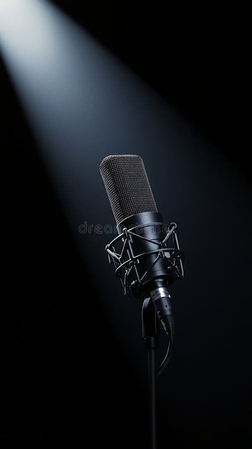 Professional Microphone Illuminated by Spotlight in Dark Room Stock ...