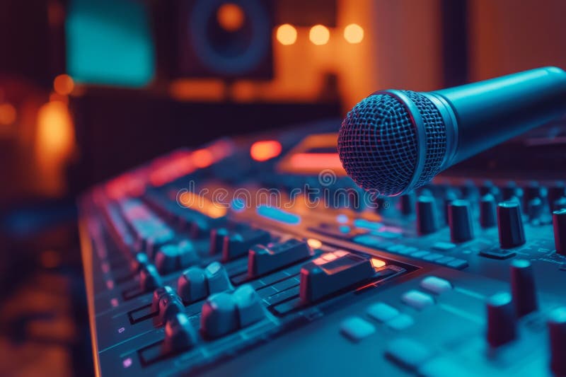 Professional Microphone Positioned Above a Mixing Console, Ready for a ...