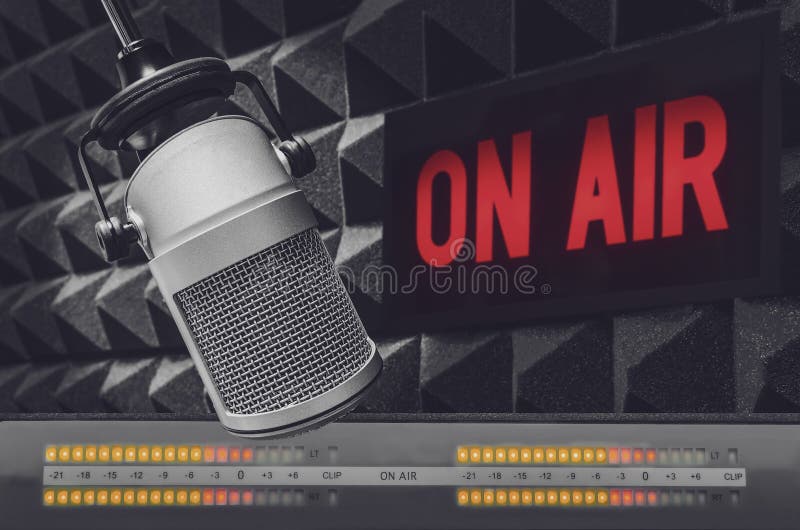 Professional Microphone in Radio Station Studio and on Air Sign Stock ...