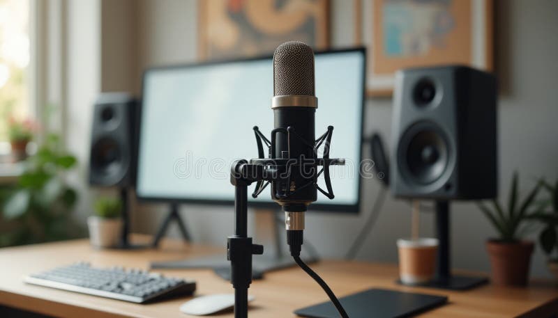 Professional Microphone Ready for Recording in a Cozy Workspace Stock ...