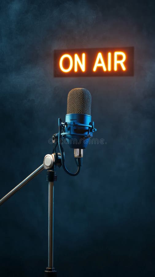 Professional Microphone Recording Audio with on Air Sign Illuminated ...
