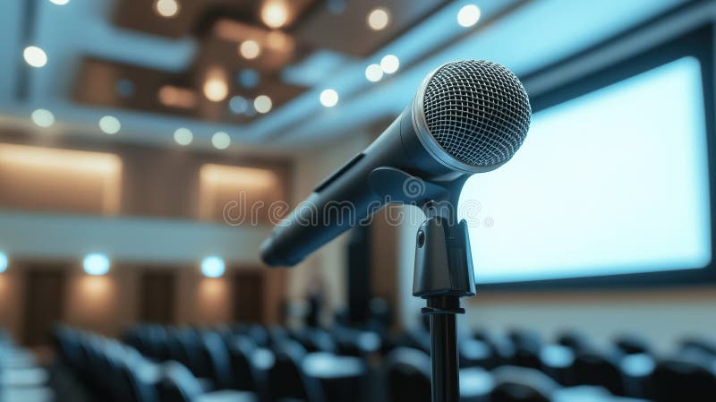 Professional Microphone Setup in Front of a Large Screen I Stock Image ...