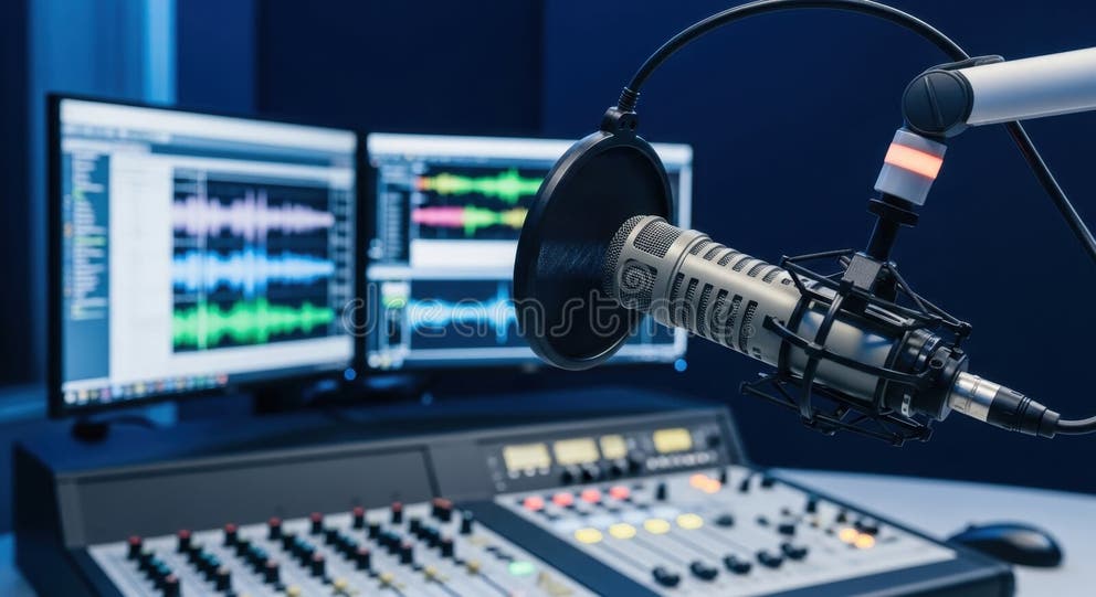 Professional Microphone and Sound Mixer in a Modern Radio Studio with ...