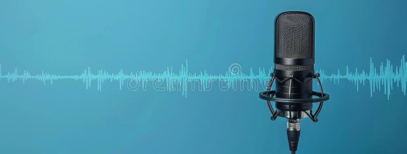 Professional Microphone with Sound Wave on Blue Background Stock ...