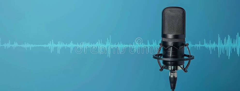 Professional Microphone with Sound Wave on Blue Background Stock ...