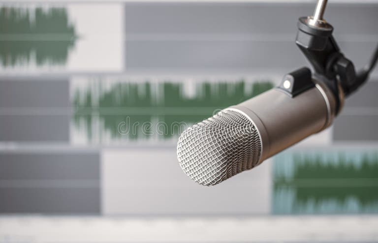 Professional Microphone and Sound Wave Form on Screen Stock Photo ...