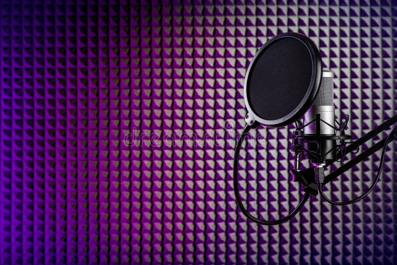 Professional Microphone on the Stand. Recording Studio with Acoustical ...