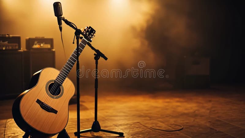 Professional Microphone Standing on Dimly Lit Stage, Spotlights Casting ...