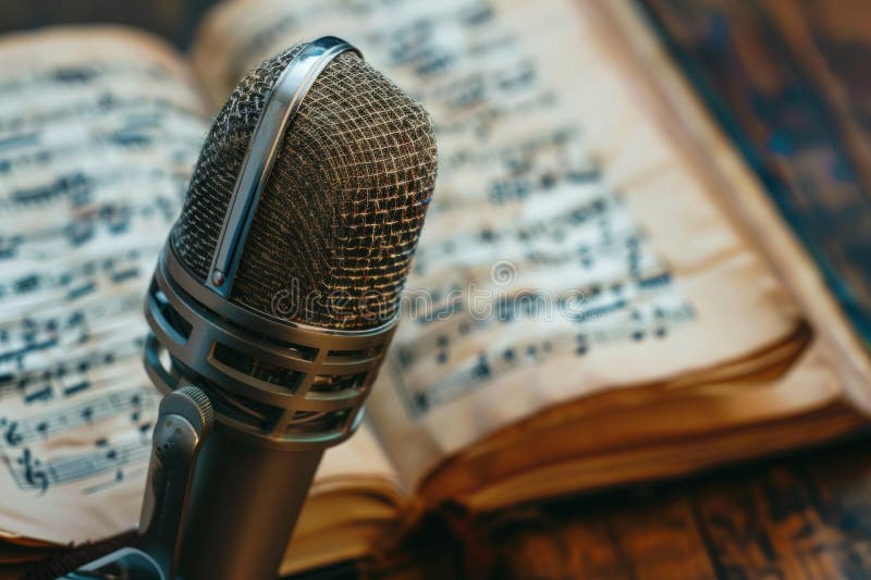 Professional Microphone Standing Over Open Book of Sheet Music Stock ...