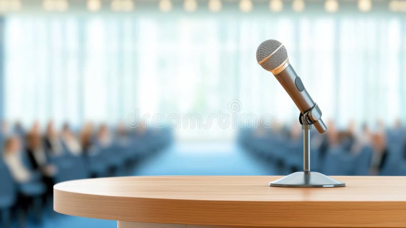 Professional Microphone Standing on Podium, Conference Hall Blurred ...
