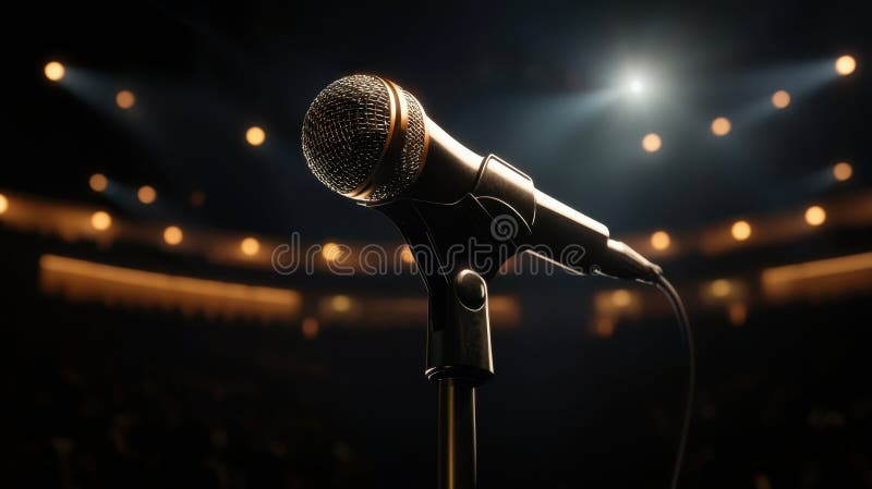 Professional Microphone Standing on Podium, Conference Hall Blurred ...