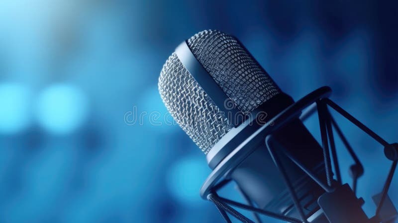 A Professional Microphone with Waveform on Blue Background. Podcast or ...