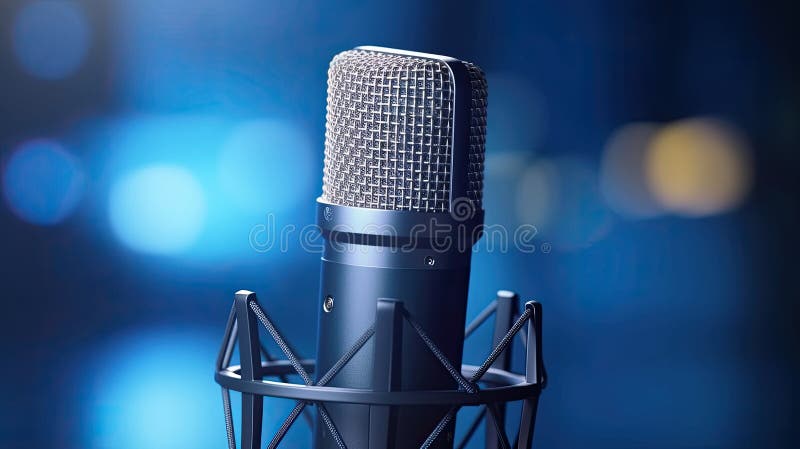 A Professional Microphone with Waveform on Blue Background. Podcast or ...