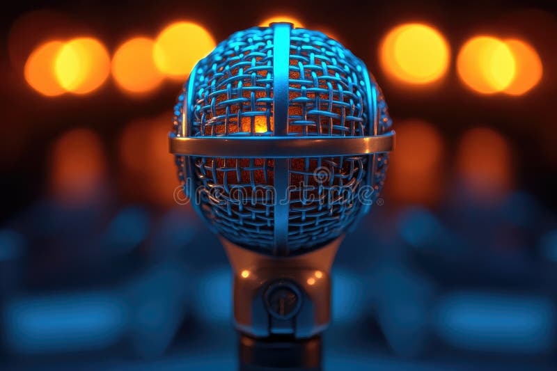 Studio Microphone Close-up with Warm Background Lights Stock ...