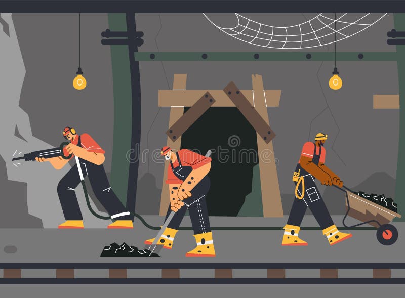 Professional Miners Extracting Minerals Underground, Flat Vector ...