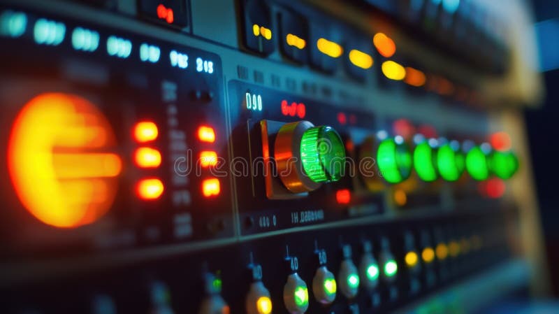 Professional Mixing Console Showing Illuminated Green Lights and Knobs ...