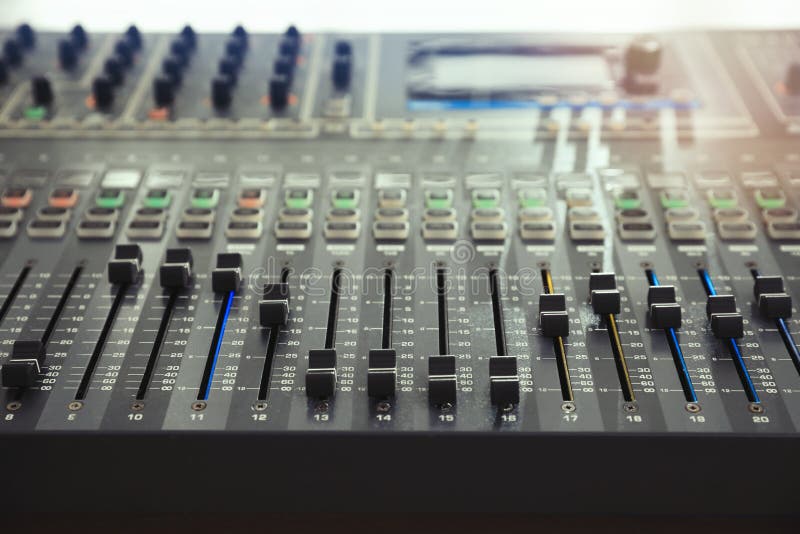 Professional Mixing Console on Table in Modern Radio Studio, Closeup ...