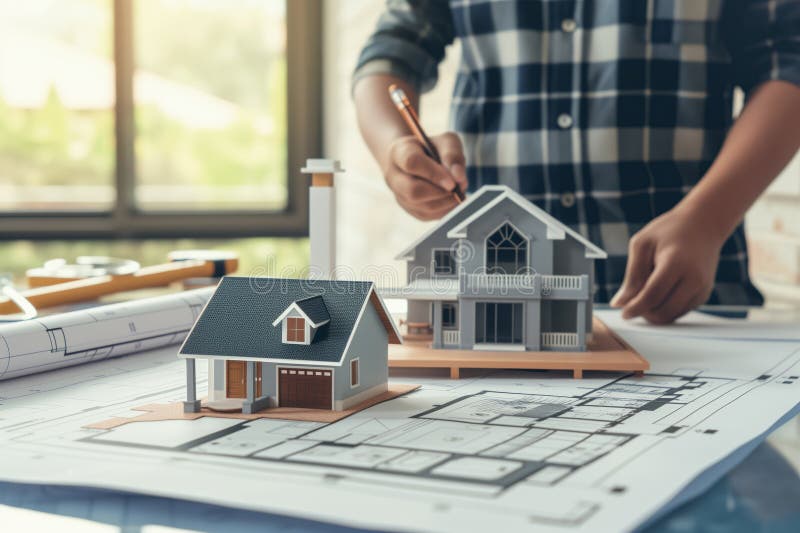 Professional with a Model Home on a Residential Blueprint Stock ...