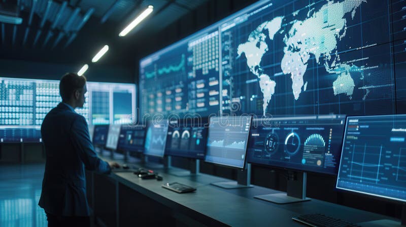 A Professional Monitors Multiple Screens Displaying Delivery Updates ...